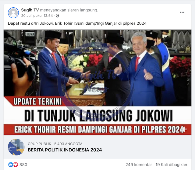 [Cek Fakta] Jokowi Tunjuk Erick Thohir Dampingi Ganjar di Pilpres 2024? Begini Faktanya